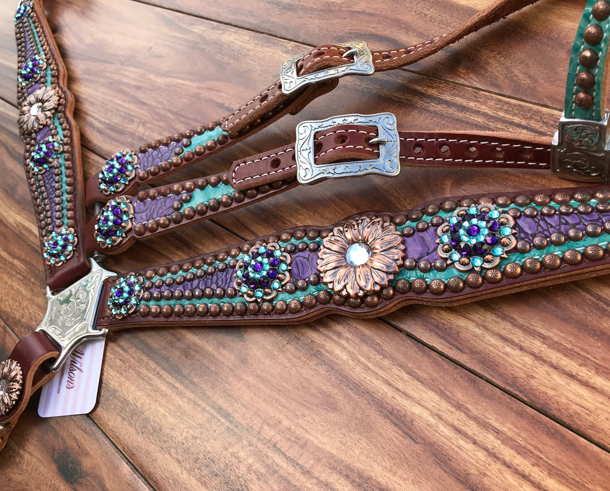 Teal and Purple Gator Overlay with Copper Daisy Conchos – Rockn'Wilsons